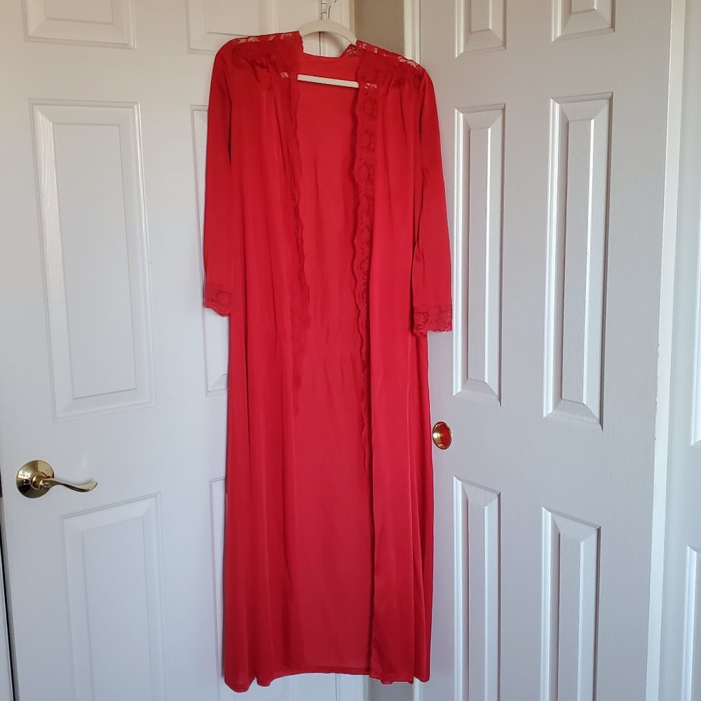 Vintage Olga Full Length Red Lace Dressing Robe - Gem